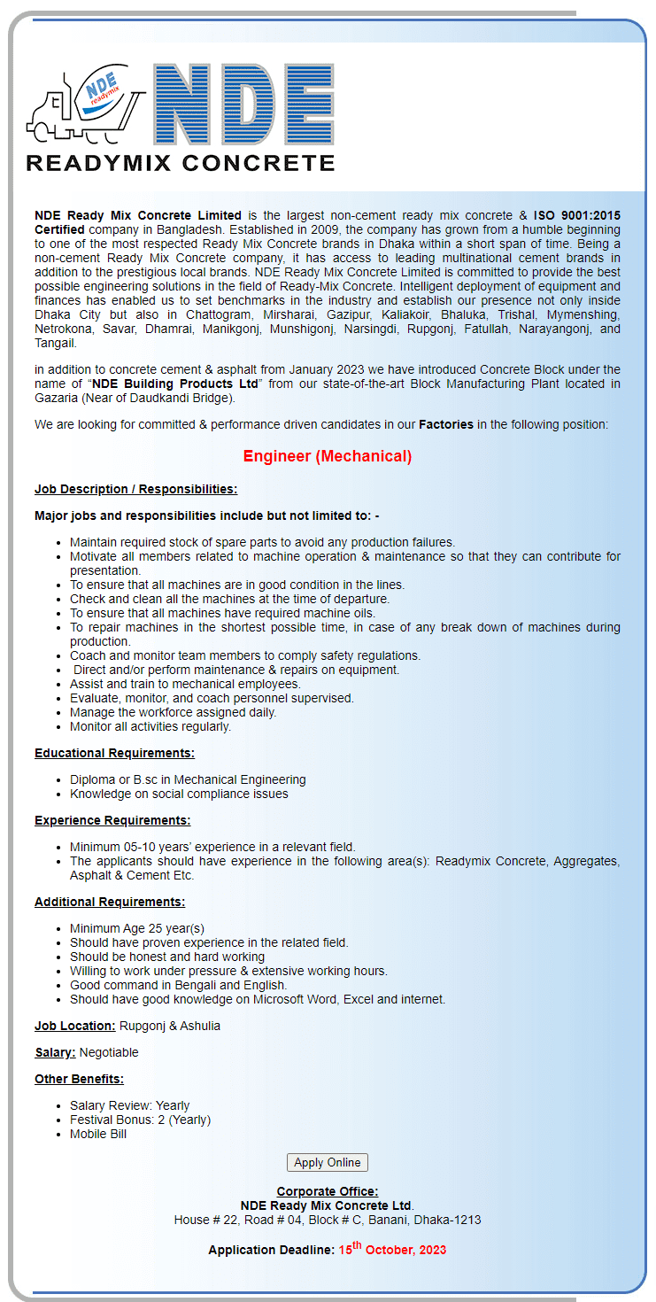 NDE Ready Mix Concrete Limited Job Circular 2024 | BD Govt Job